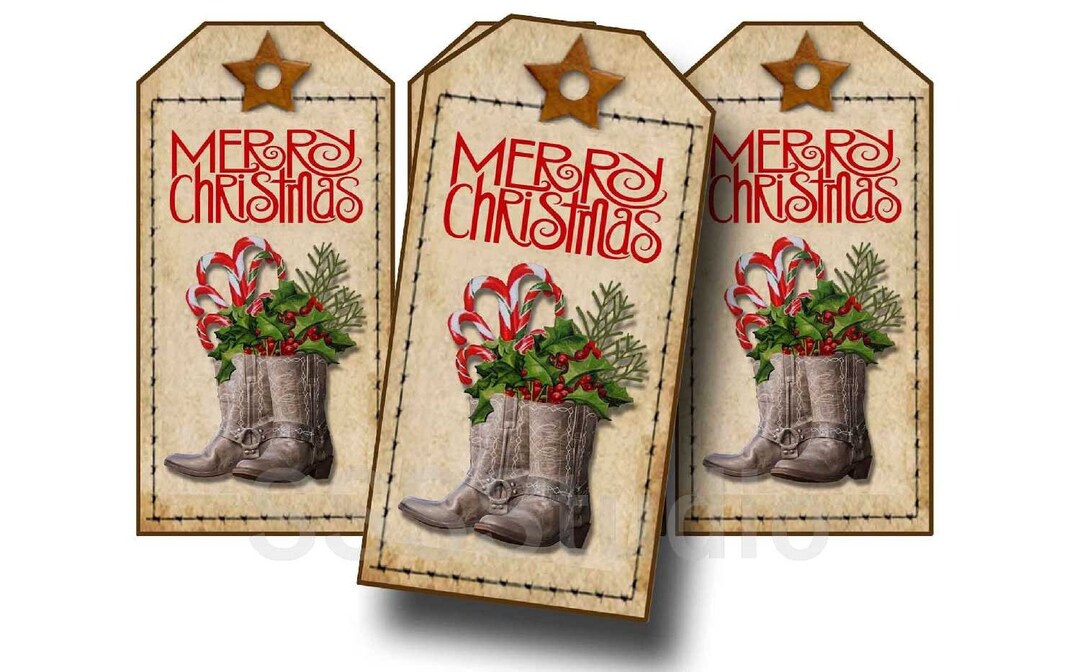 Western Merry Christmas Tag, Country Boots and Holly, Candy Canes ...