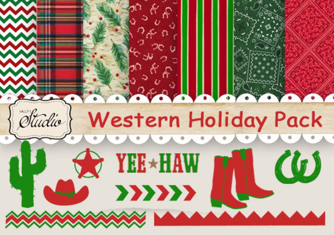 Country Western Paper, Christmas Scrapbook Paper Digital Red Green Clip ...