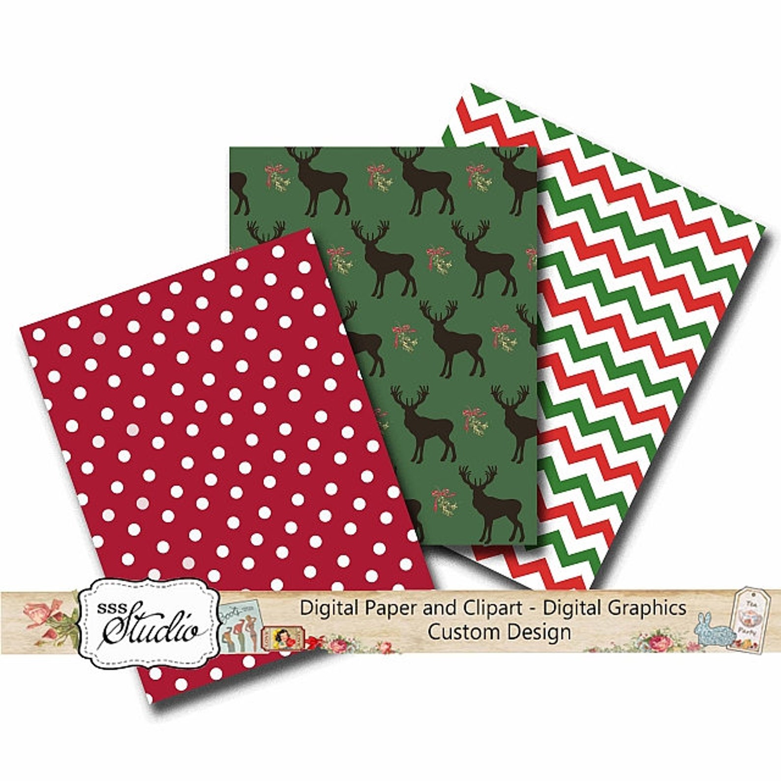Christmas Scrapbook Paper, Red & Green Digital Paper Instant Download ...