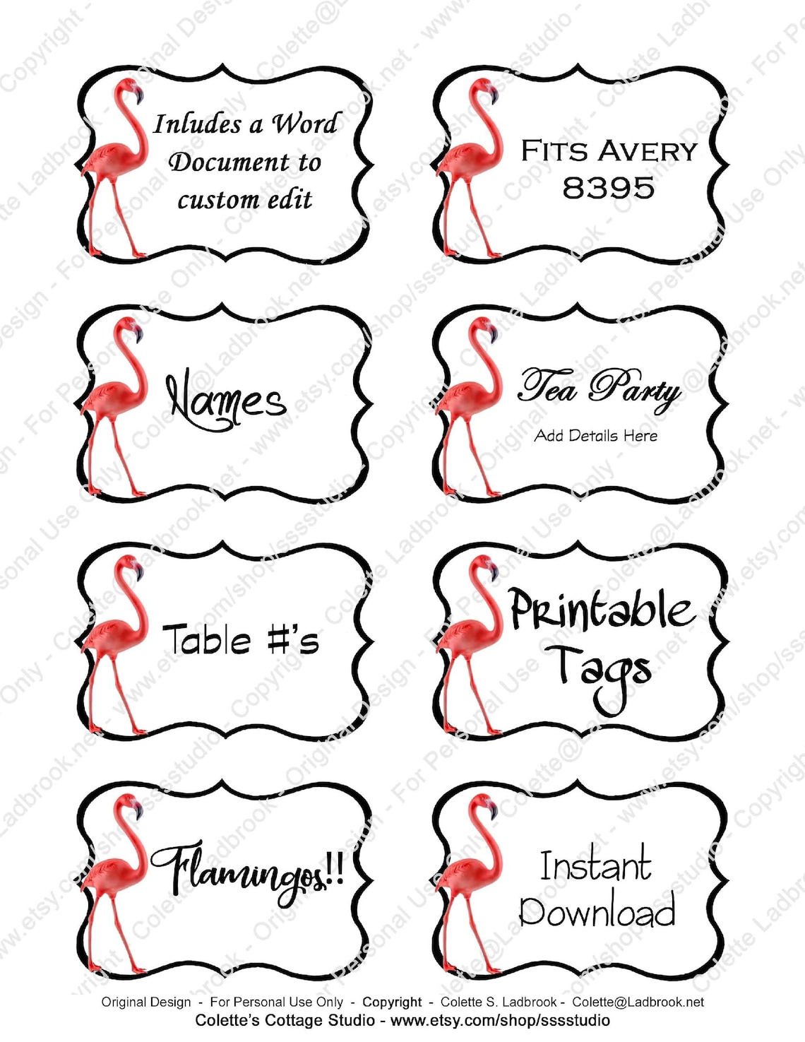 Flamingo Labels Printable Tags Digital Labels Printable Name - Etsy