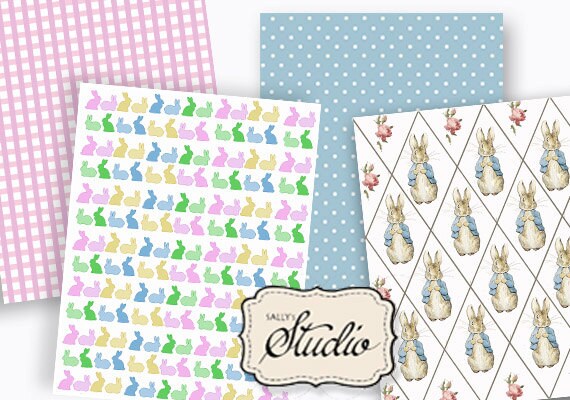 Easter Rabbit Digital Paper Pack, Printable Scrapbook Paper, Bunnies ...