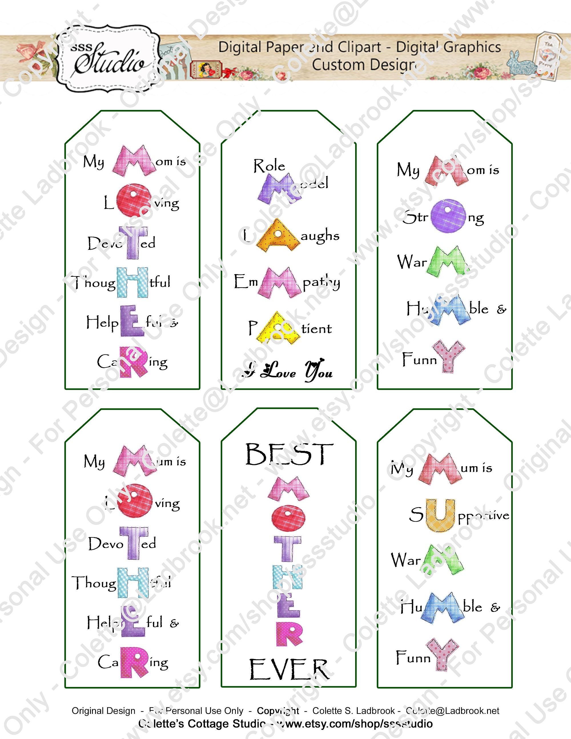 Mothers Day Tags & Bookmarks, Mama, Mother, Mommy, Digital and ...