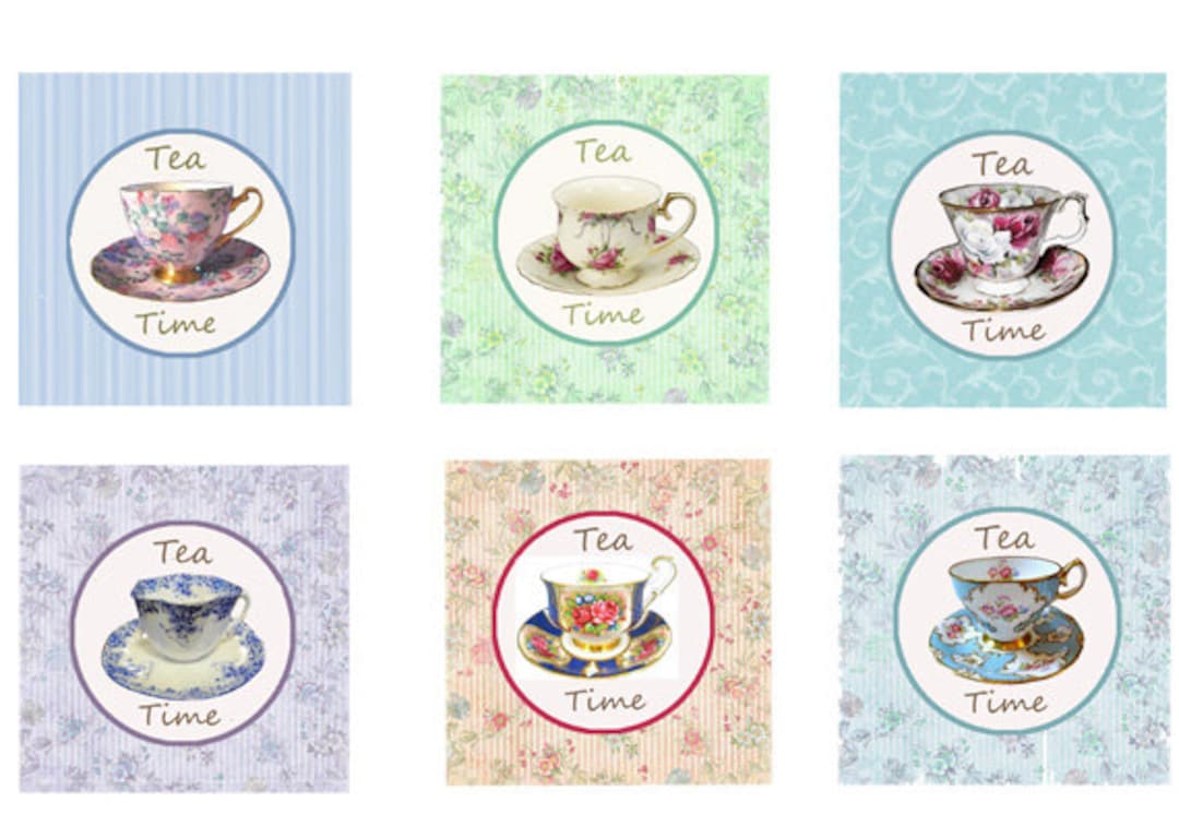 Tea Party Tags Vintage Digital Tea Cup Toppers Printable Cupcake