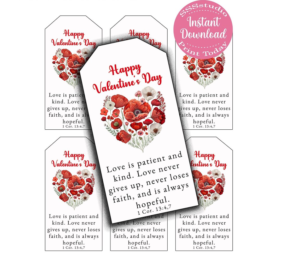Valentine's Gift Tags, Love is Patient Valentine Scripture Tag, Digital ...