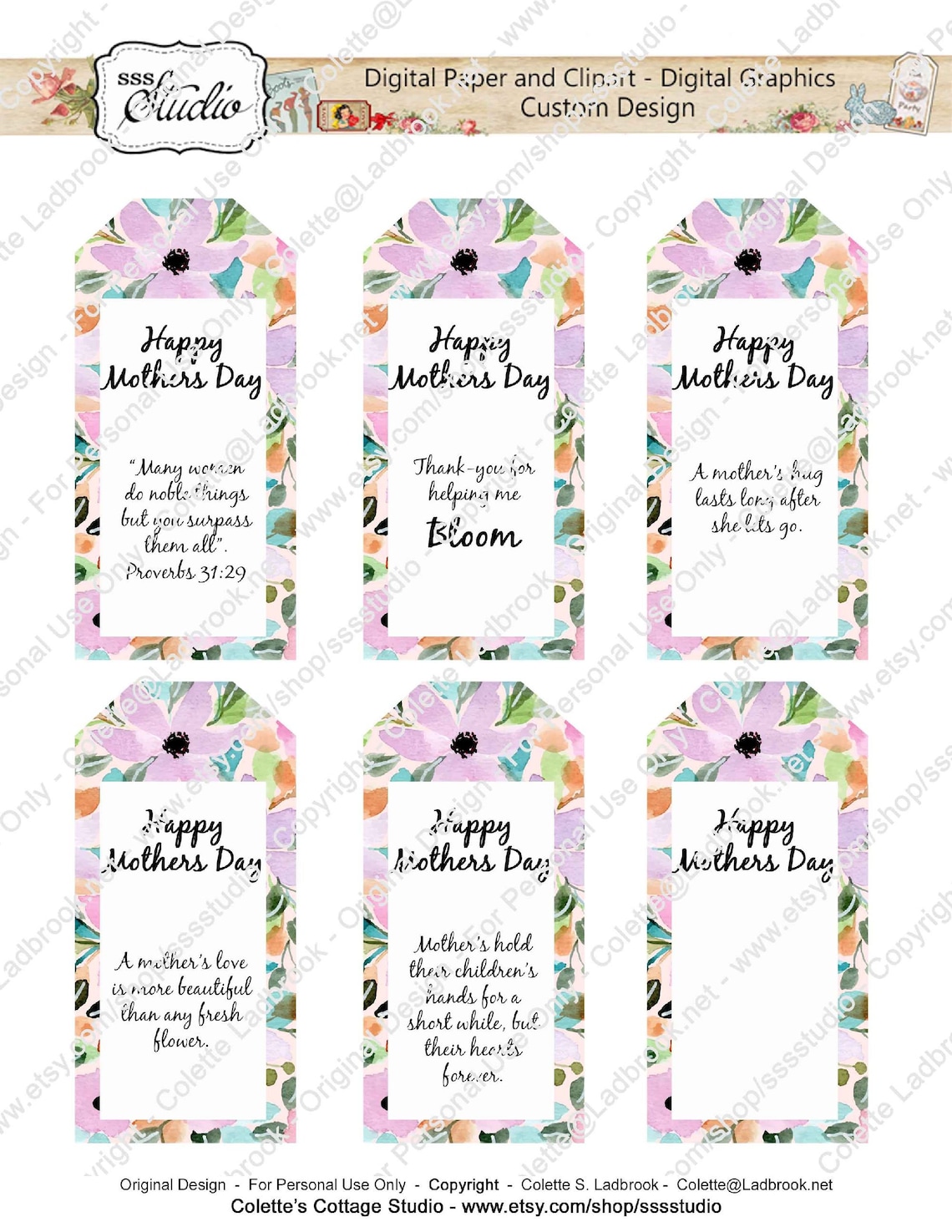 Floral Mothers Day Tags, Printable Gift Tags, Digital Tags, Instant ...