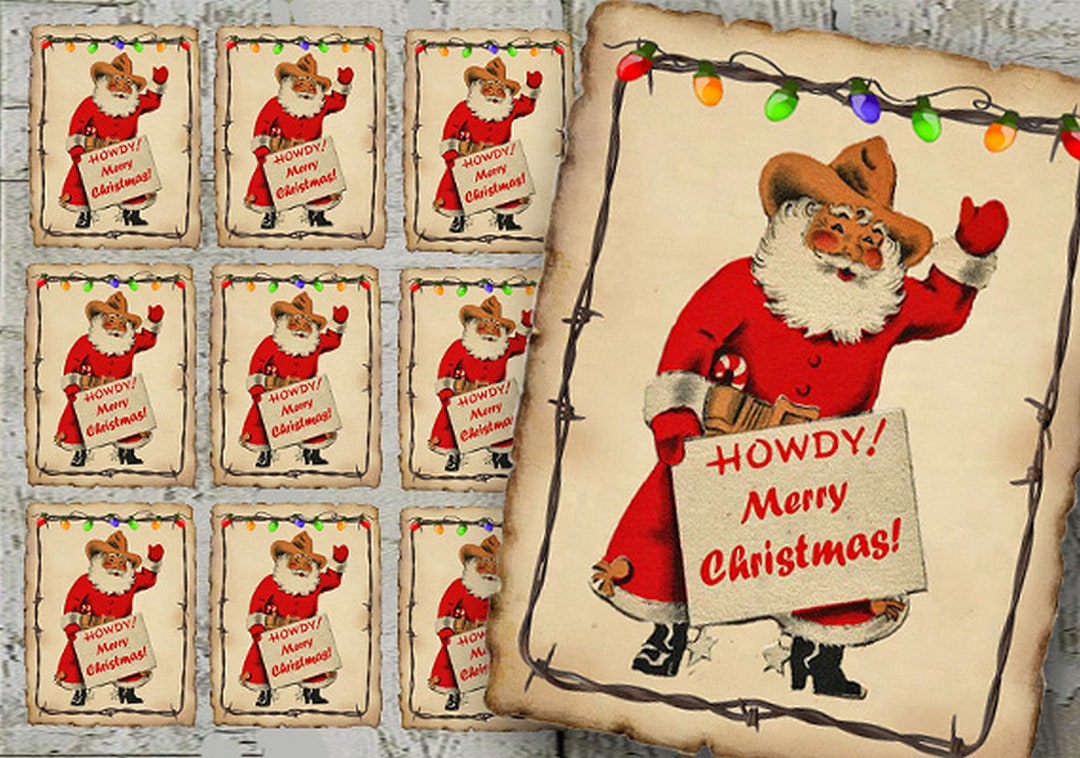 Cowboy Western Santa Gift Tags, Digital Stickers, Print Cards, Western ...
