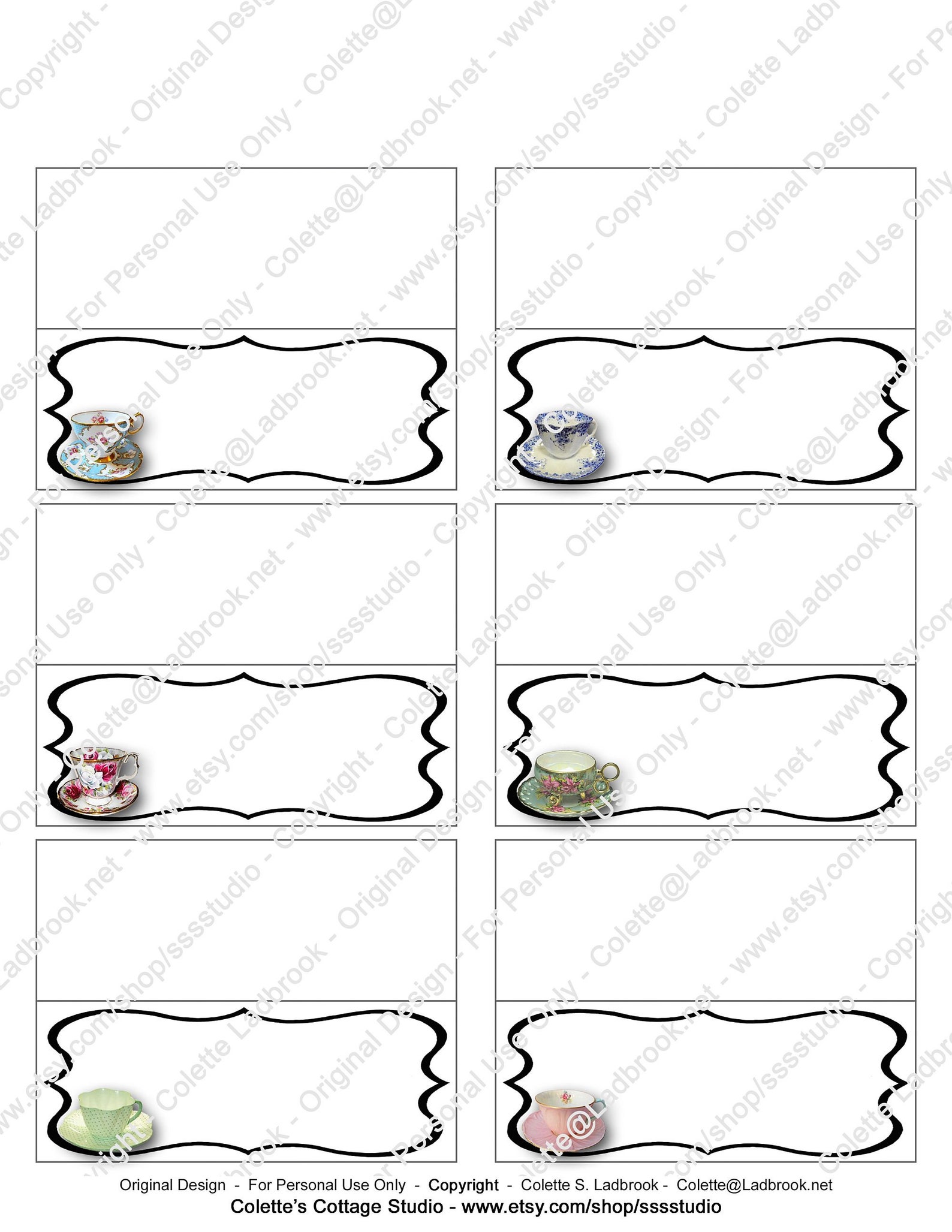 Tea Party Name Tags & Tent Cards 8 Vintage Tea Cups Digital - Etsy