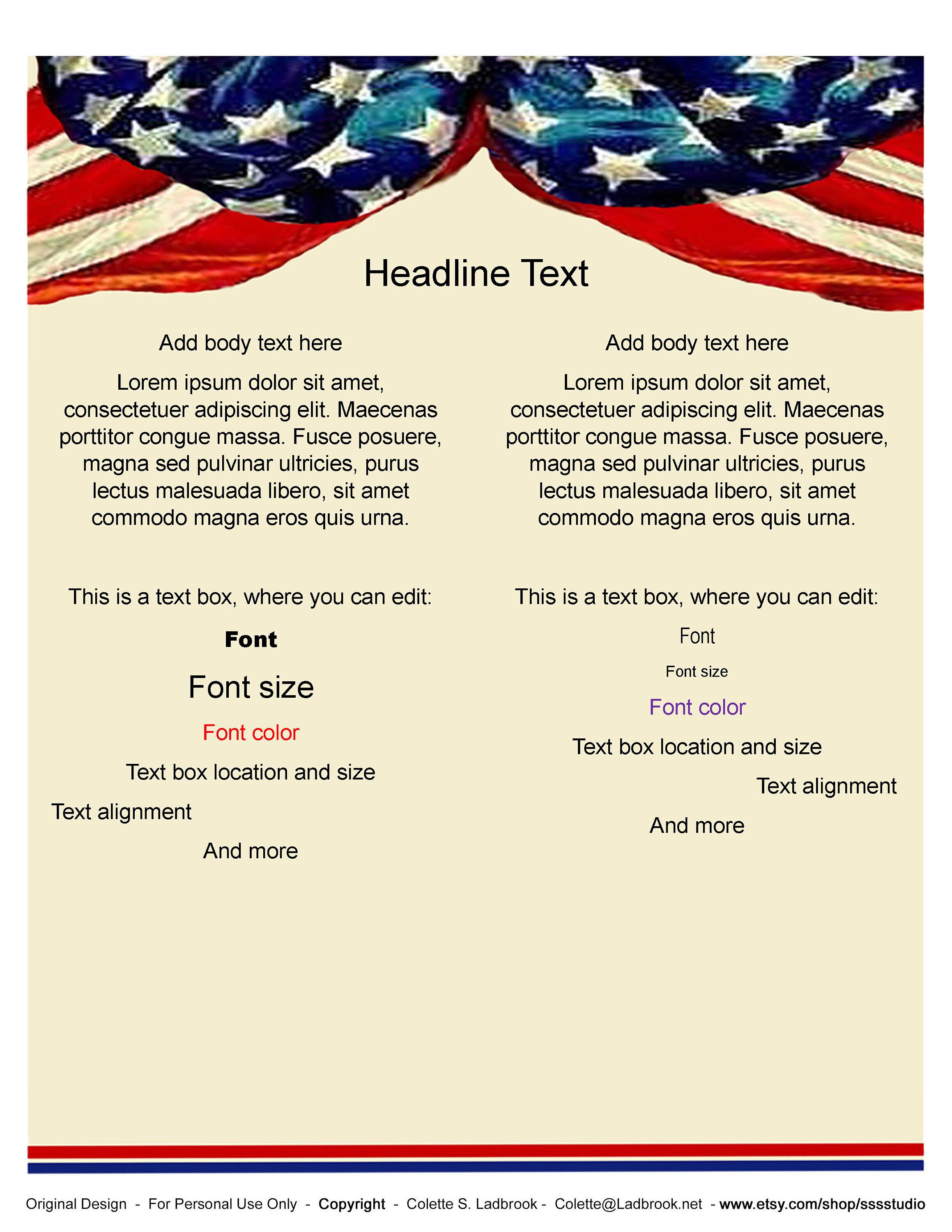 Patriotic 8x10 Editable Template, Patriotic Menu, Letterhead, List ...