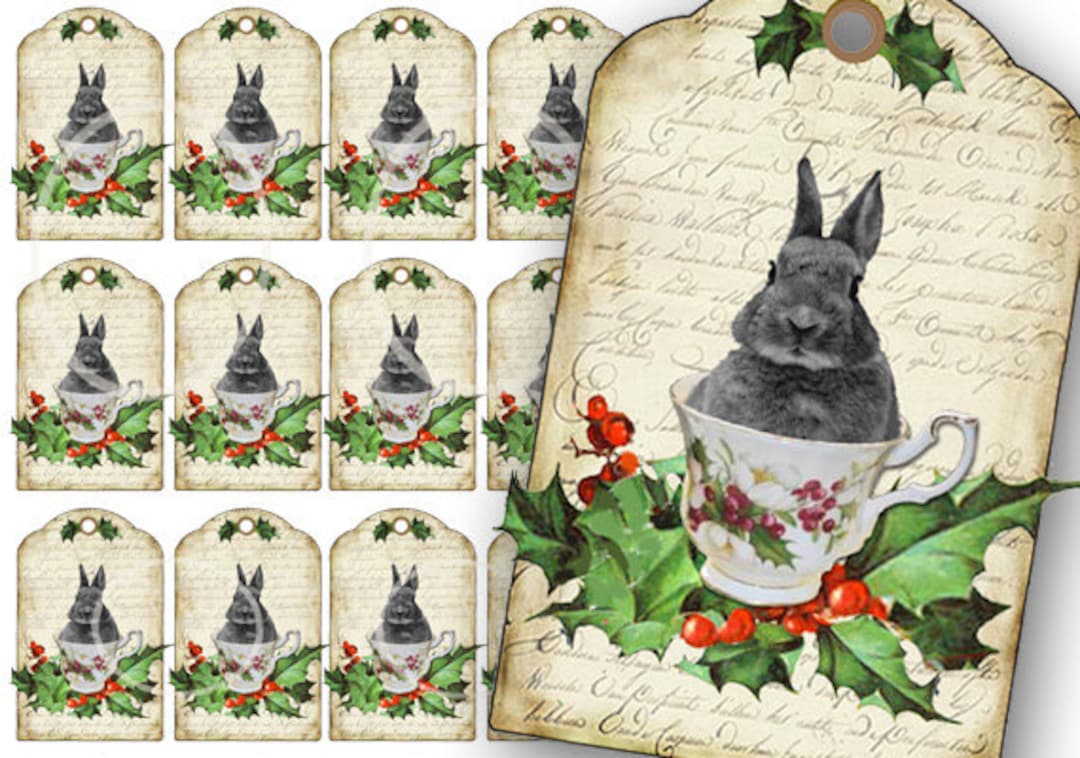 Christmas Bunny Rabbit Tags, Bunny in a Tea Cup Printable Download ...