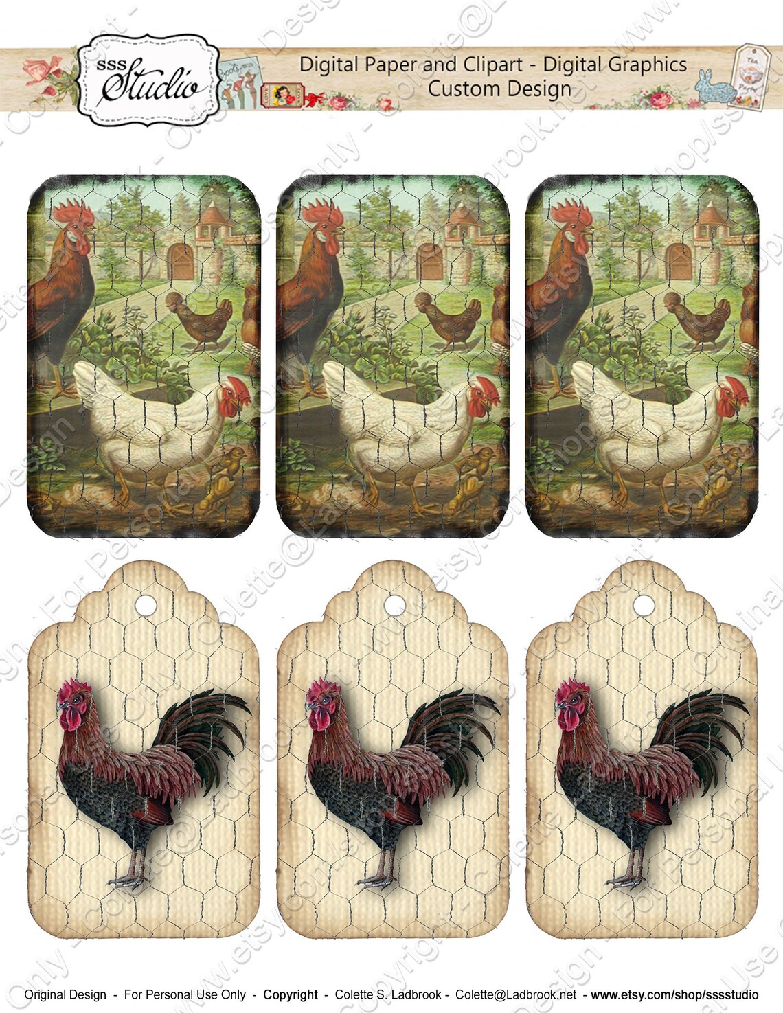 French Country Rooster Tags Printable Farm Gift Tags, Instant Download ...