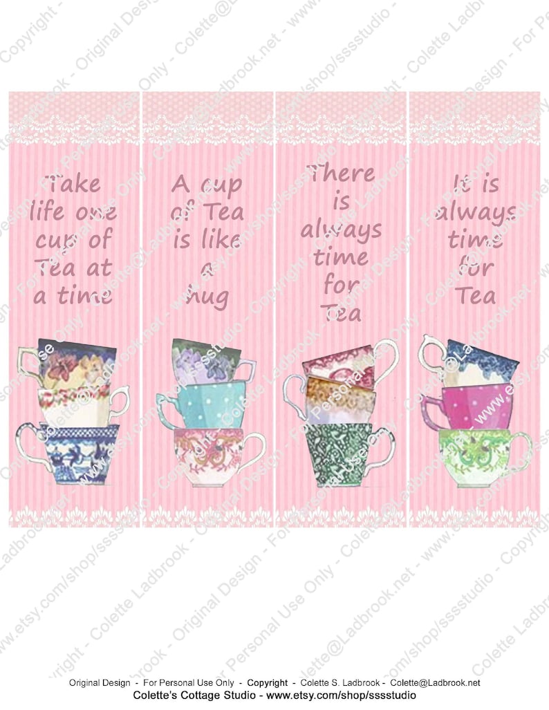 Pink Tea Cup Bookmarks Digitaltea Party Favors Tea Party - Etsy