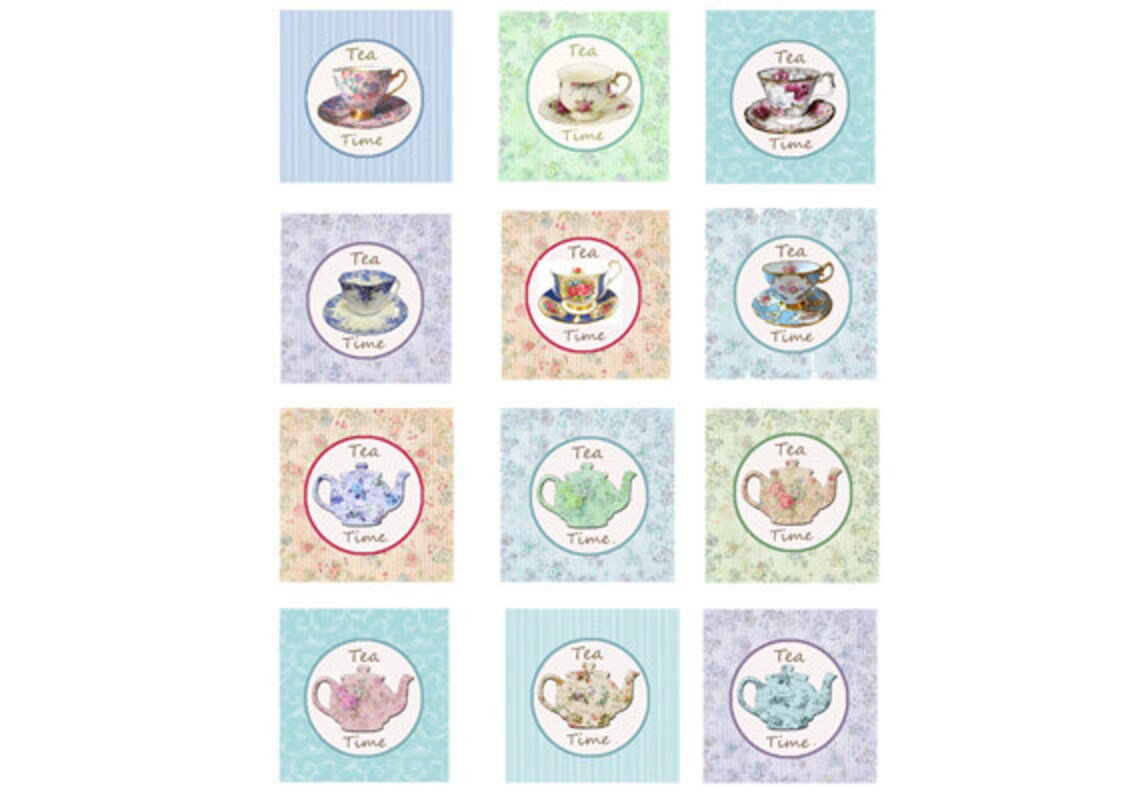 Tea Party Tags, Vintage Digital Tea Cup Toppers Printable Cupcake ...