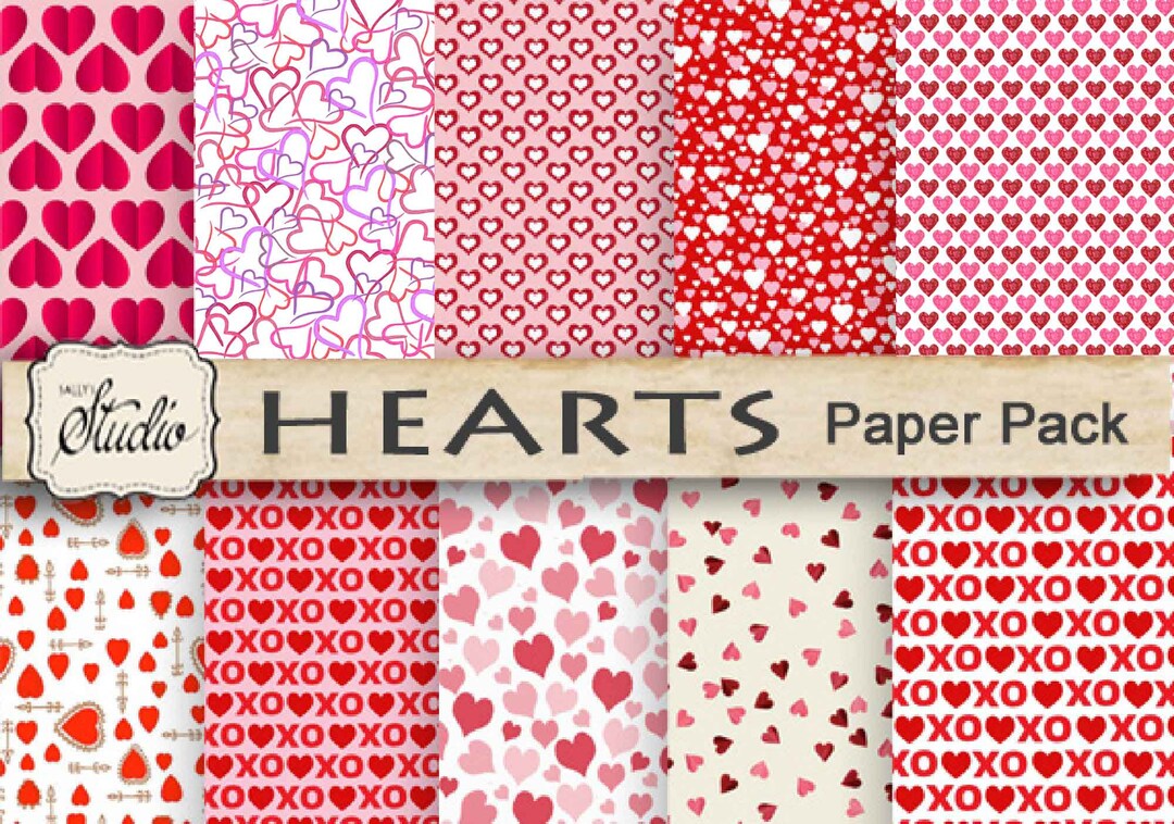 Valentine Hearts Scrapbook Paper Digital Red & Pink Hearts Printable ...
