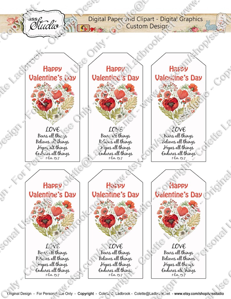 Valentine's Day Gift Tags Vintage Hearts Digital Gift - Etsy