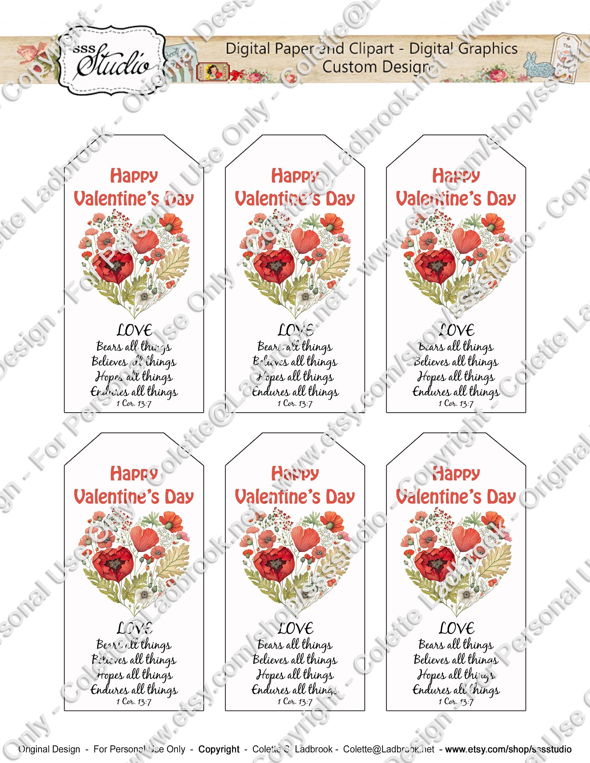 Valentine's Day Gift Tags, Vintage Hearts, Digital Gift Tags, Valentine ...