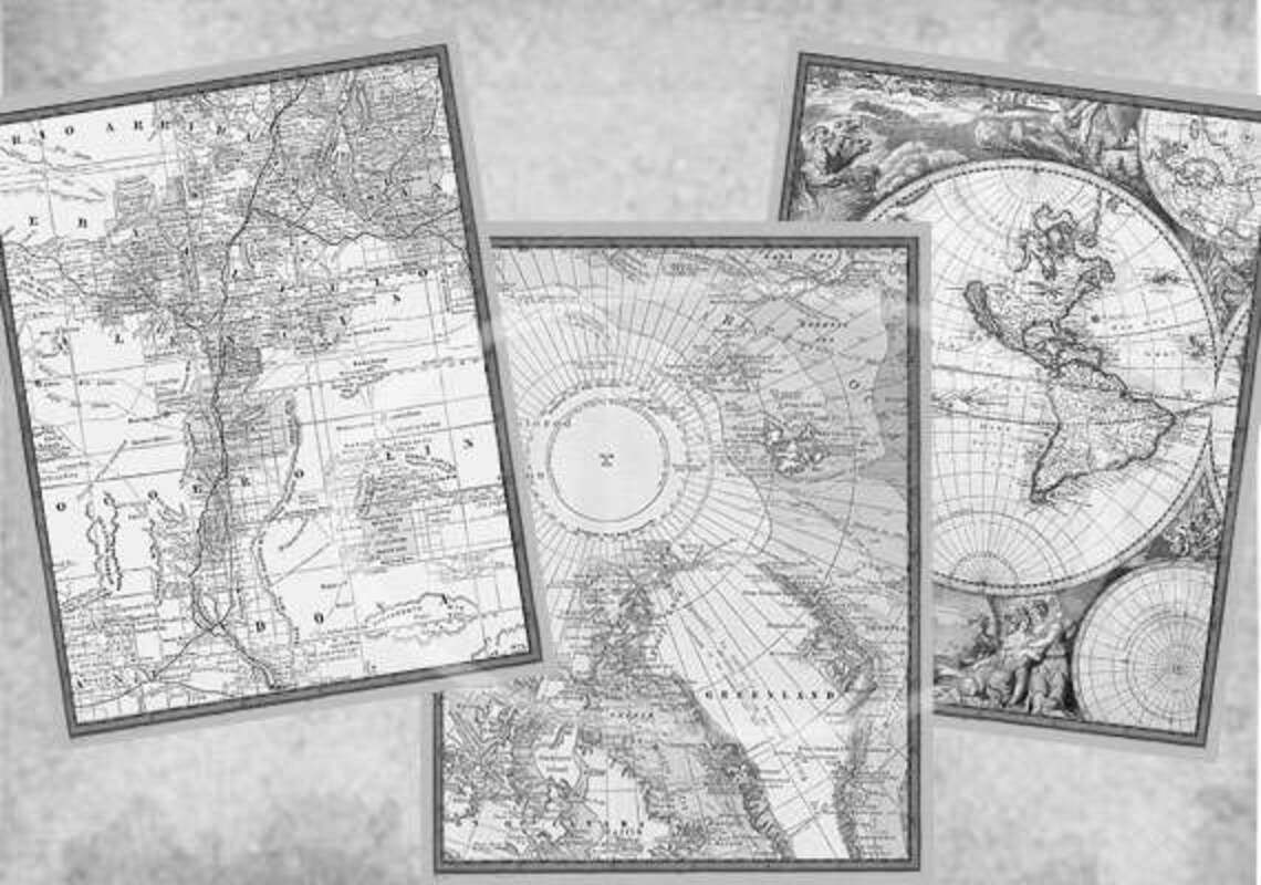 Antique Maps Digital Paper, Greyscale Vintage Maps Digital Download ...