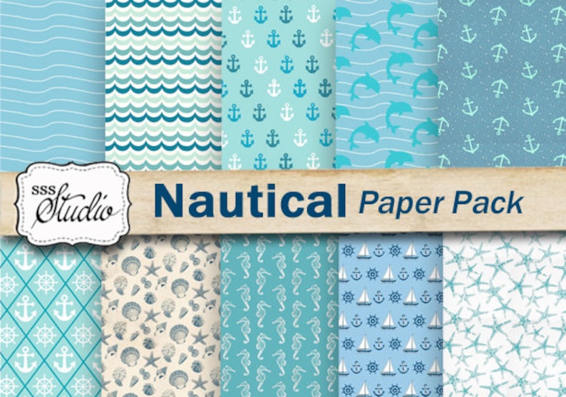 Nautical Paper Digital, Printable Scrapbook Paper, Marine Blue Paper ...