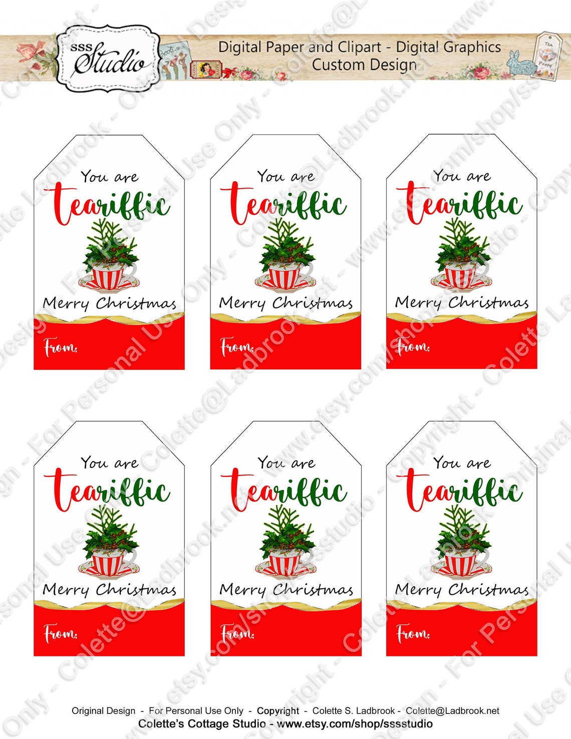 Christmas Tea-riffic Gift Tags Tea Cup Tags Digital Tea - Etsy