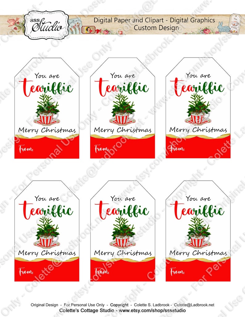 Christmas Tea-riffic Gift Tags, Tea Cup Tags, Digital Party Favor ...