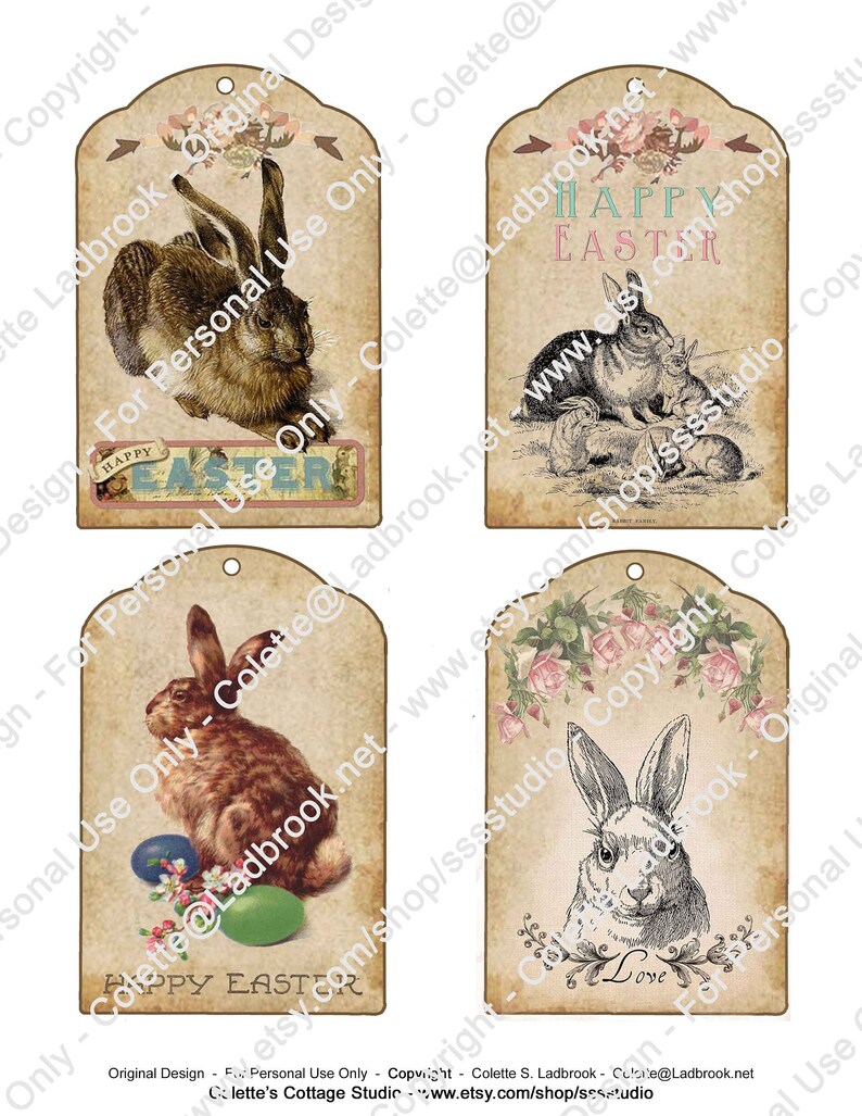 Easter Rabbit Gift Tags Digital French Rabbits Vintage Easter - Etsy