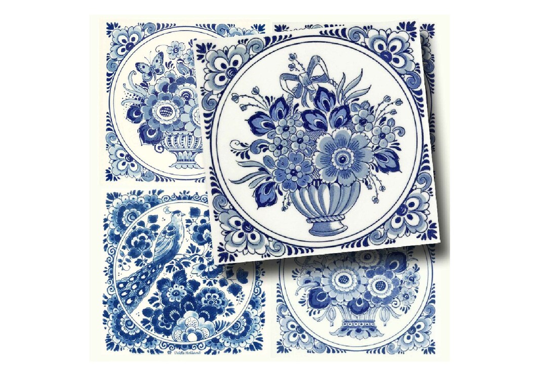 Floral Coasters, Digital Square Coasters, Delft Blue Set of Printable ...