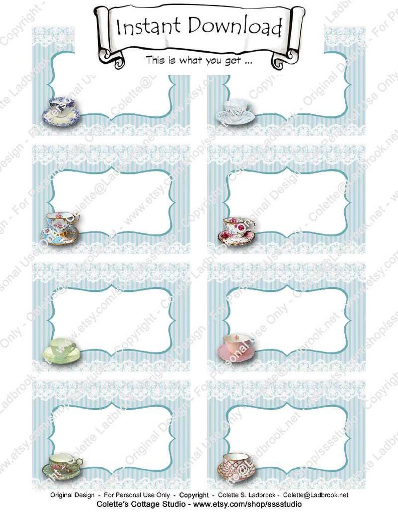 Tea Party Name Tags Digital Tent Cards, Bridal Shower Place Cards, Baby ...