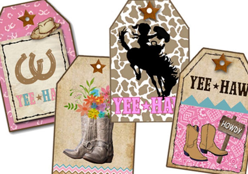 Cowgirl Tags Digital Birthday Tags, Printable Gift Tags, Western Cards ...