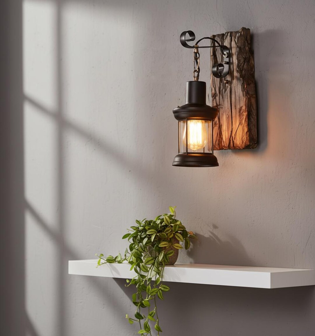 Antique Rustic Wood Wall Sconce Light Fixture | Wrought Iron Lantern ...