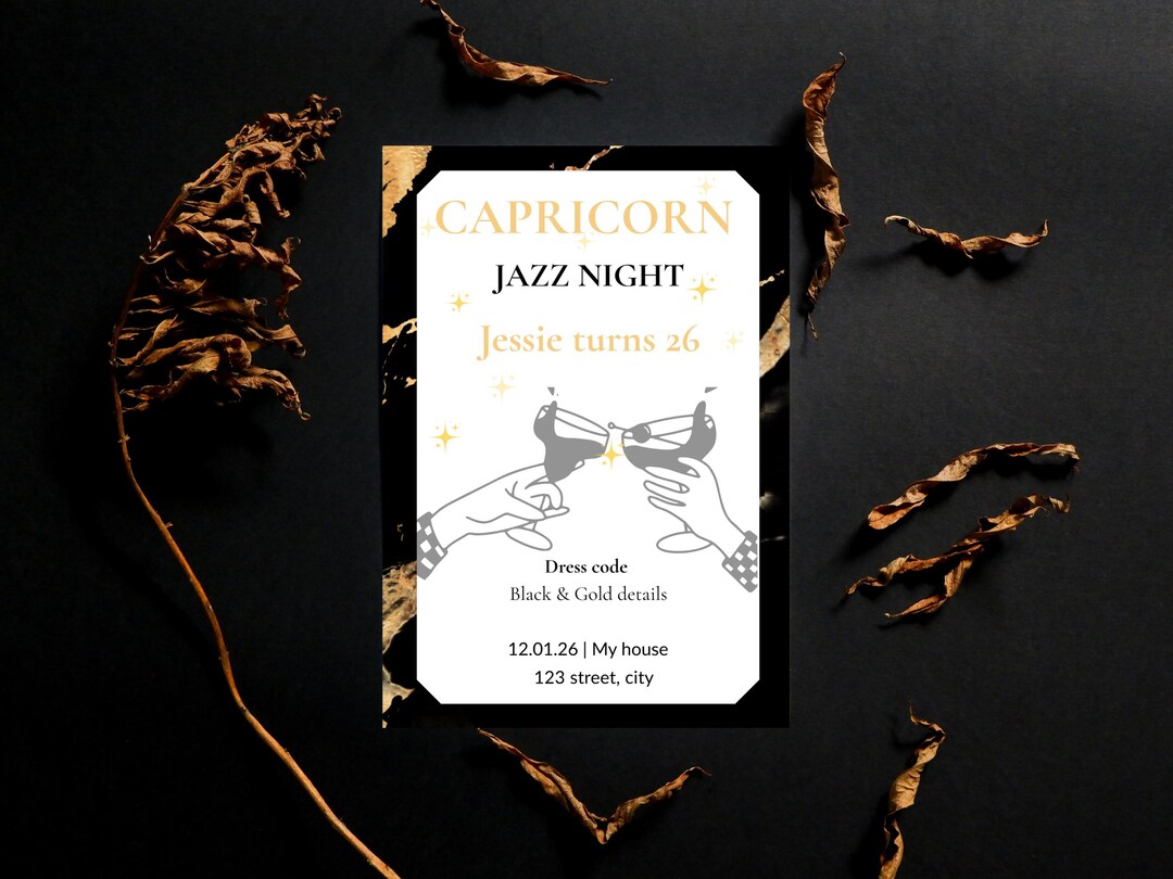 Capricorn Jazz Night Invitation Printable Black Gold Editable Canva ...