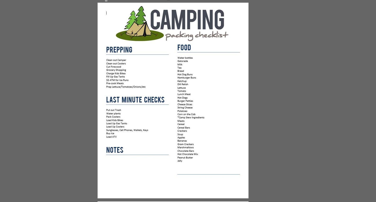 EDITABLE Camping Checklist for Summer Word Document - Etsy