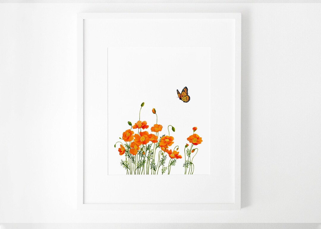 Poppy Flower With Monarch Butterfly Art Print - Etsy