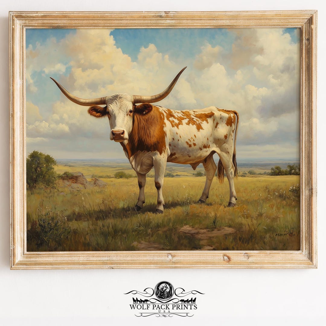 Rustic Longhorn Cattle on Texas Pasture - Vintage Style Farmhouse Art ...