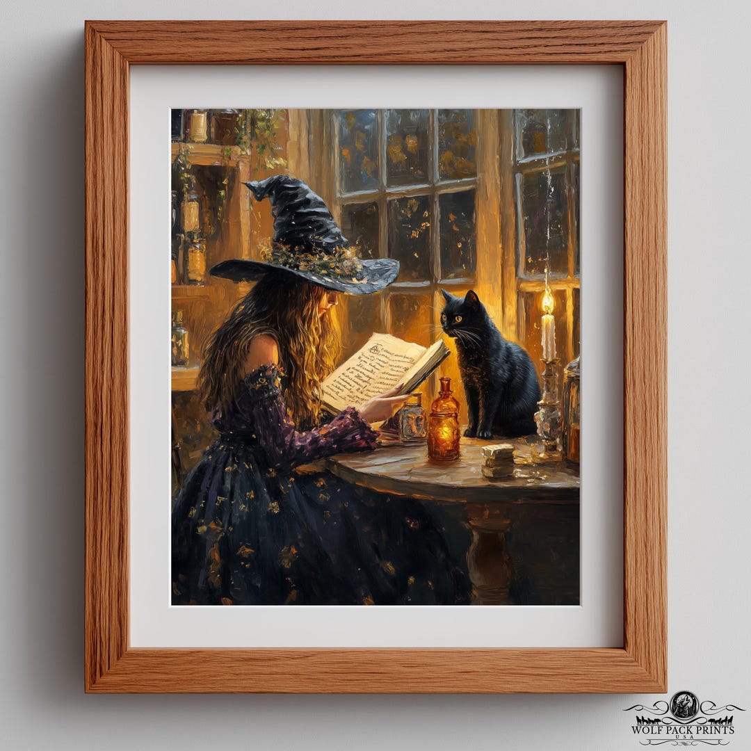 Vintage Witch Reading Under Candlelight - Cozy Spooky Halloween Art ...