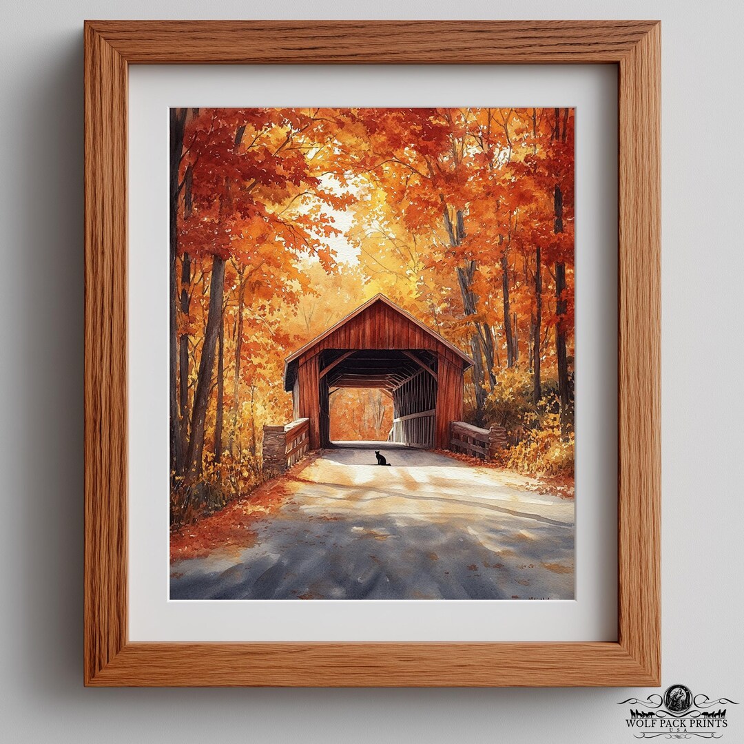 Rustic Covered Bridge With Cat - Cozy Autumn Landscape, Warm Fall ...