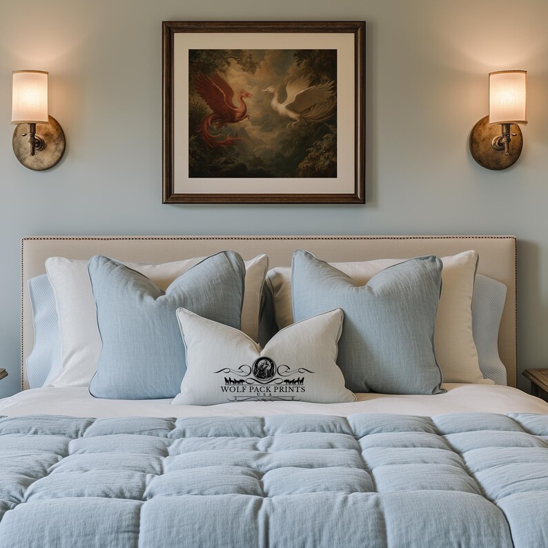 Printable Romantic Phoenix and Dragon Wall Art - Dramatic Mythic Scene ...