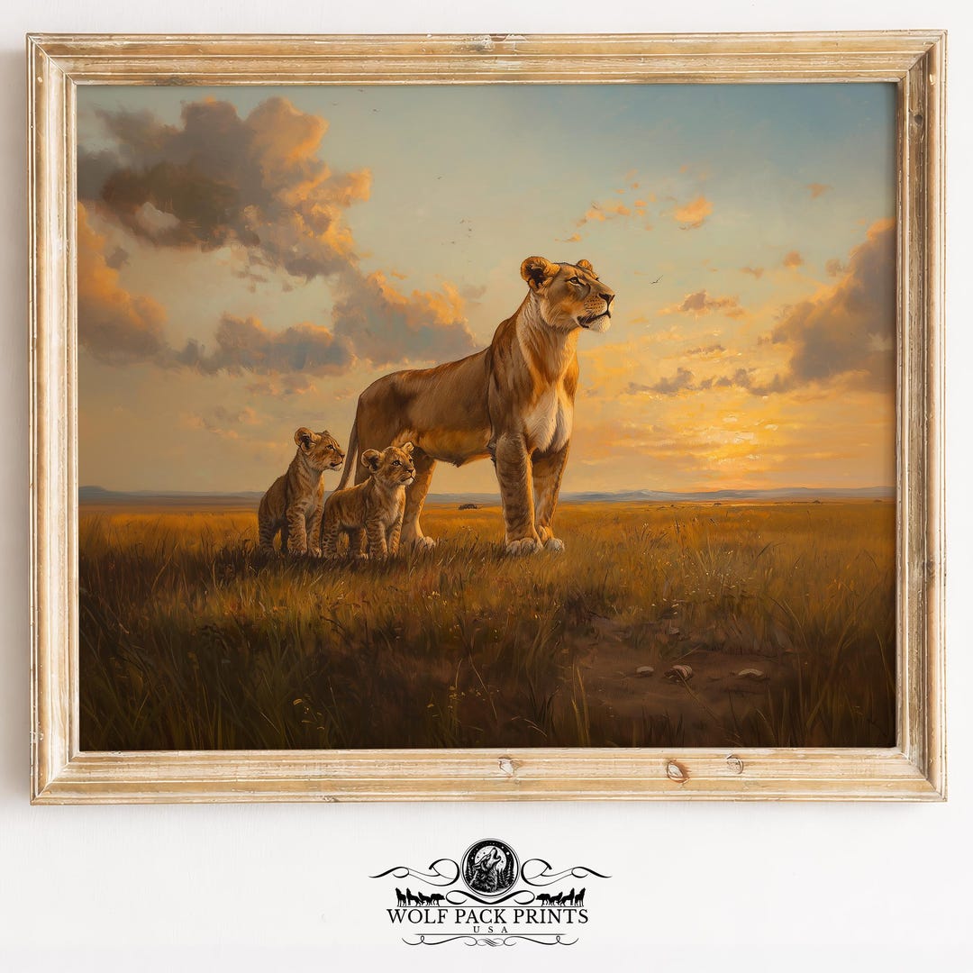 Majestic Lioness With Cubs in Sunset - Printable Wildlife Safari Scene ...