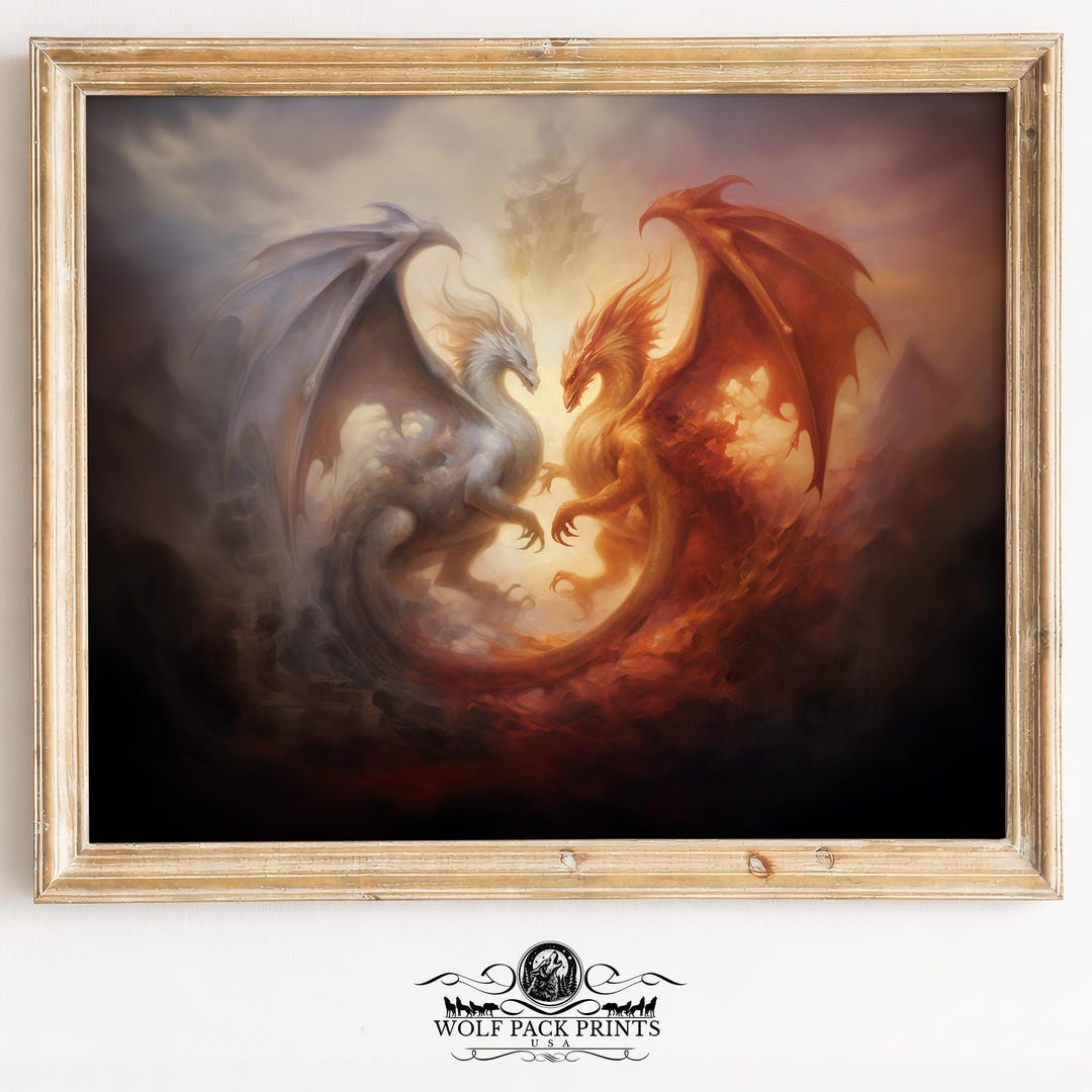 Printable Romantic Dragon Duo in Heart Shape - Moody Fantasy Art ...