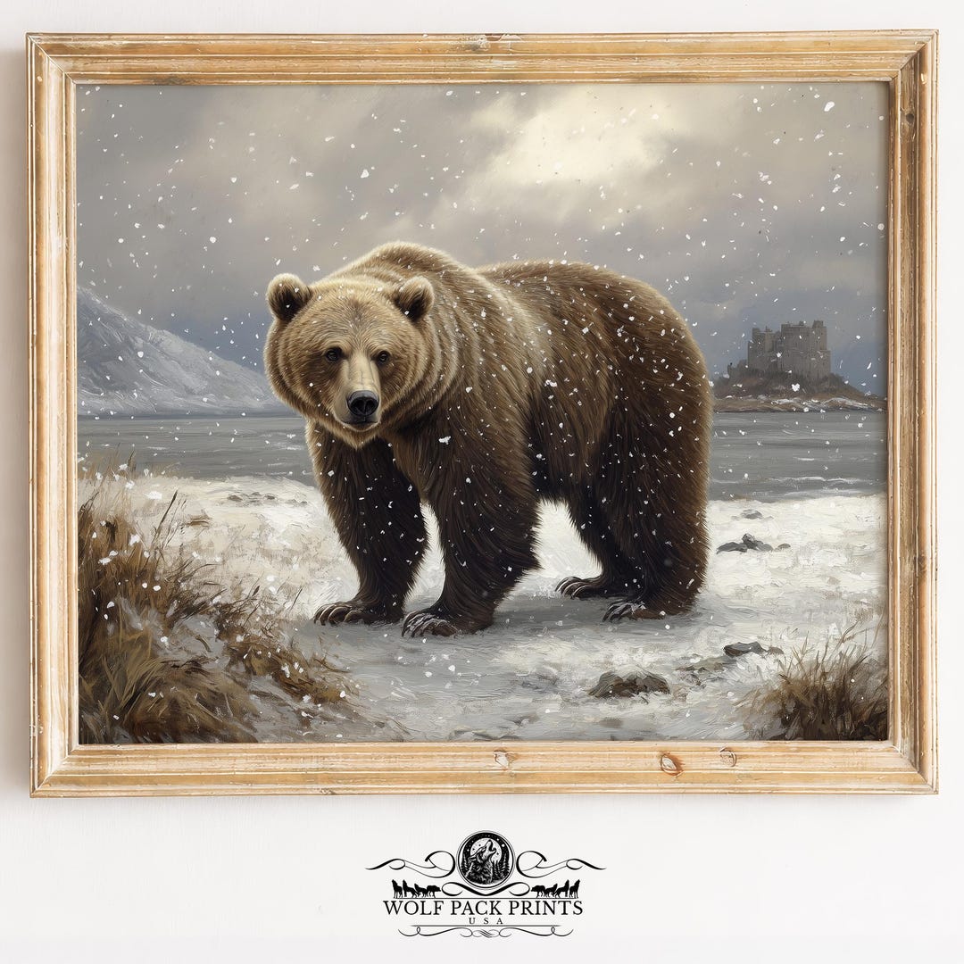 Moody Bear Portrait on Frozen Shoreline - Rustic Winter Wildlife Art ...