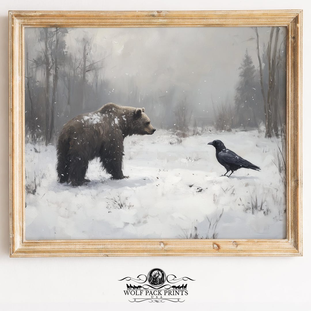 Moody Winter Bear and Raven Encounter - Printable Rustic Wall Art ...