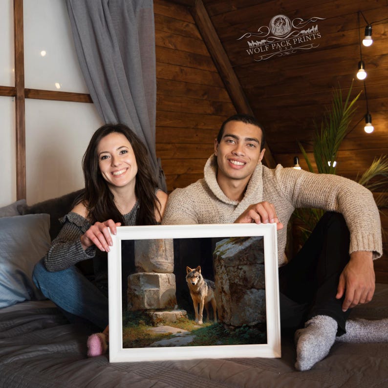 Moody Gray Wolf Among Ancient Stones - Rustic Wildlife Painting ...