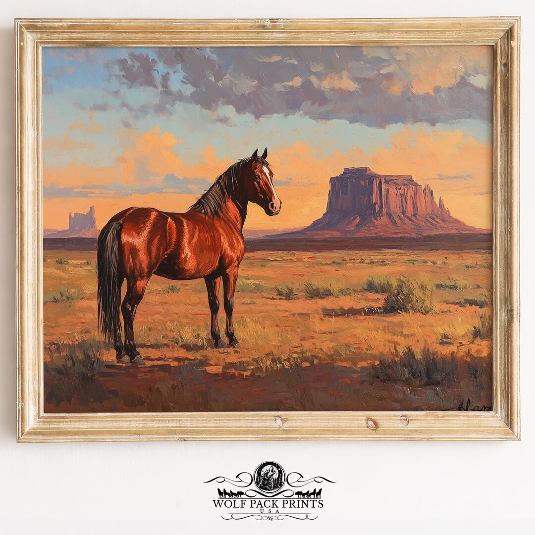 Majestic Wild Mustang in Desert - Rustic Americana Landscape Art, Warm ...