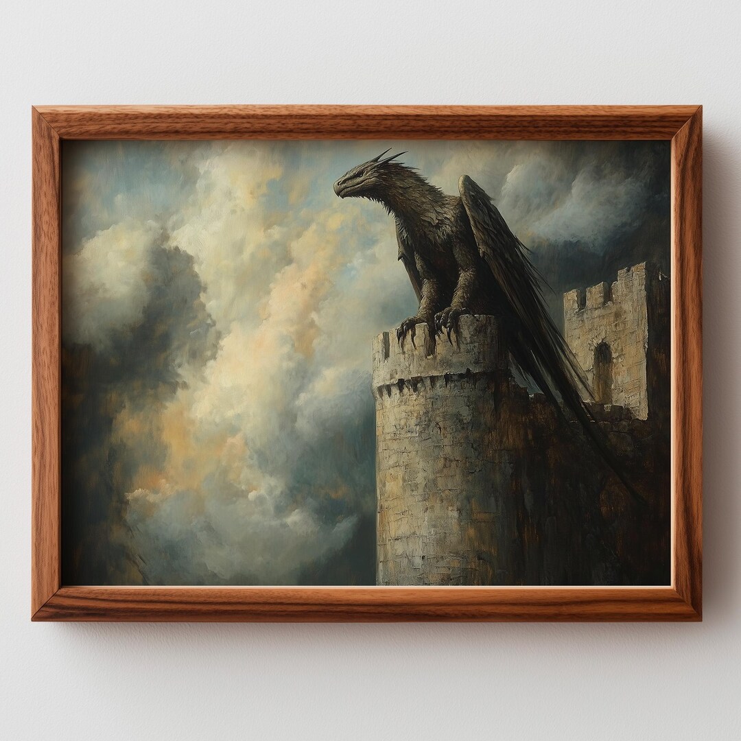 Moody Fantasy Wyvern on Tower - Dramatic Dark Dragon Scene, Romantic ...
