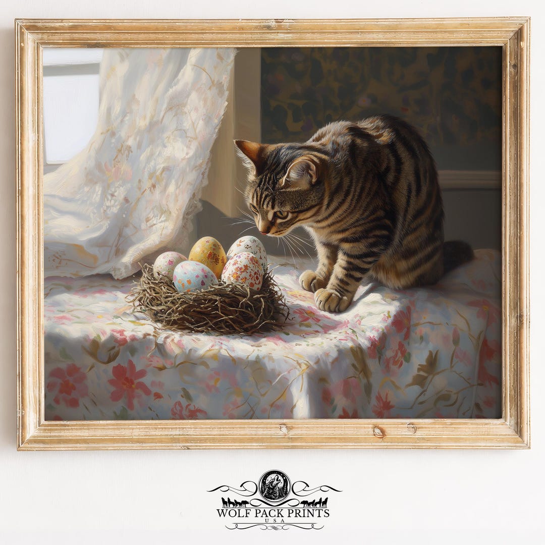 Rustic Tabby Cat With Easter Eggs - Vintage Cottagecore Art, Cozy Cat ...
