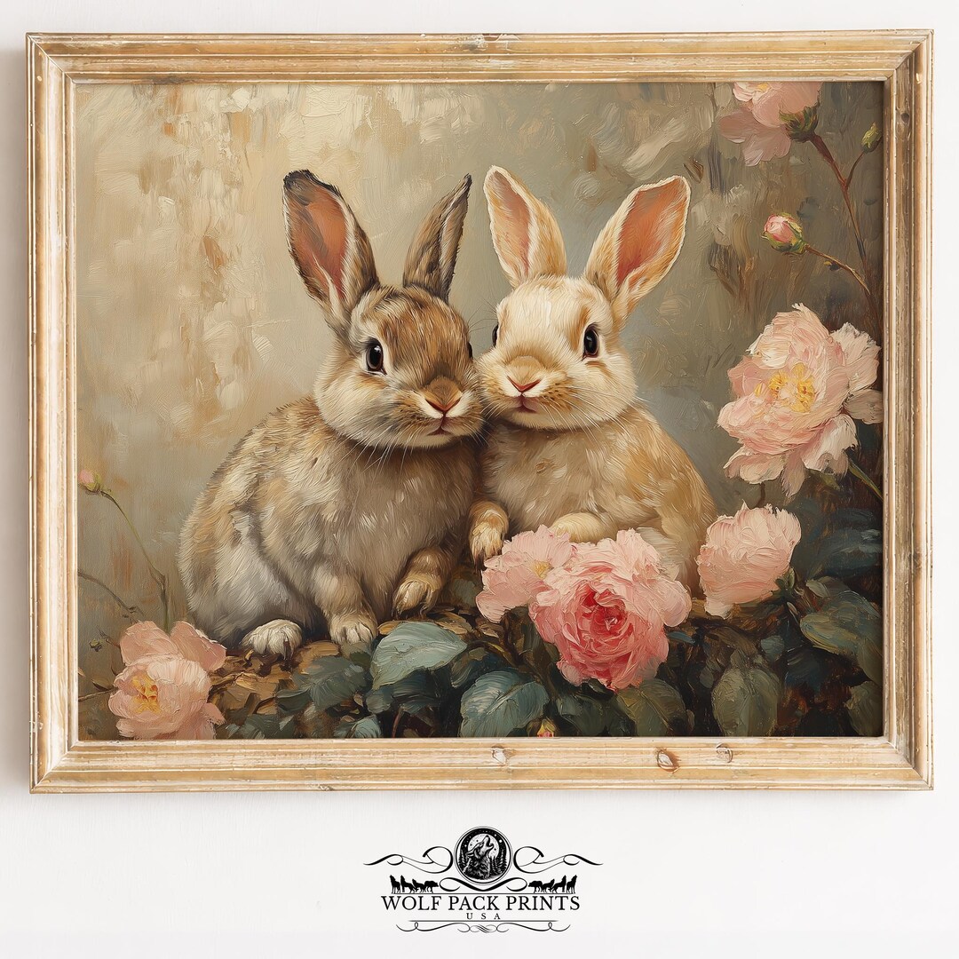Printable Vintage Bunny Pair Art - Cozy Cottagecore Rabbits, Romantic ...