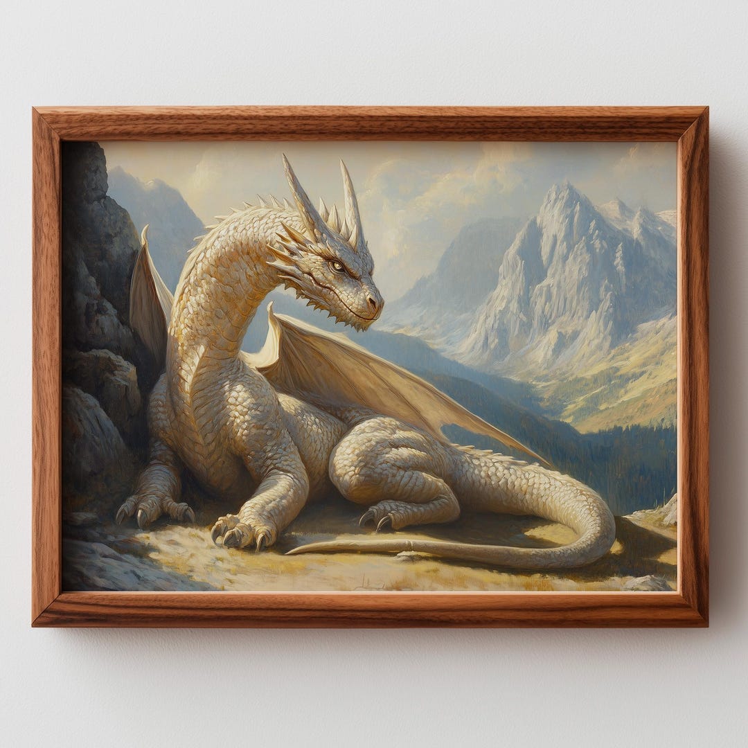 Majestic Dragon on Rocky Ledge - Fantasy Printable Art, Serene Golden ...