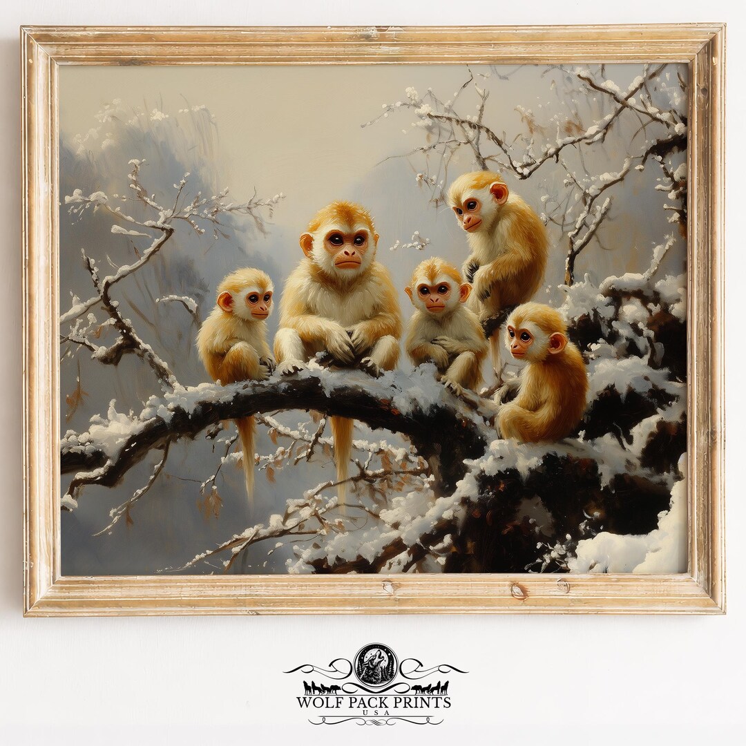 Printable Cozy Winter Wildlife Scene - Golden Snub-nosed Monkeys on ...