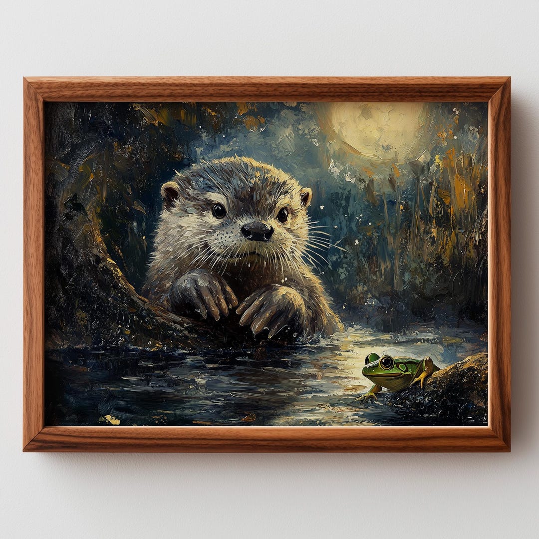 Moody Woodland Scene Printable - Cute Baby Otter With Frog by Moonlit ...