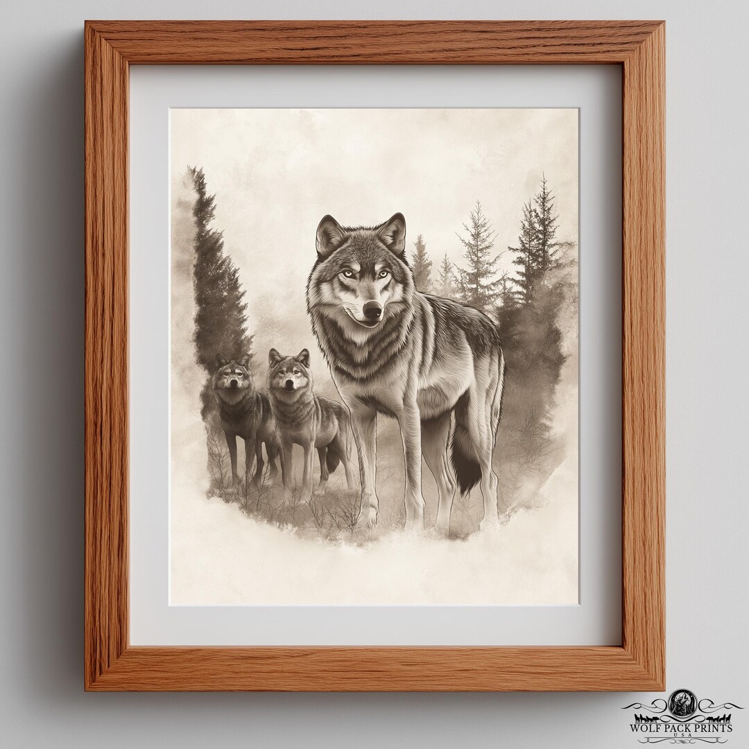 Moody Wolf Pack in Misty Forest - Rustic Wildlife Art, Striking ...