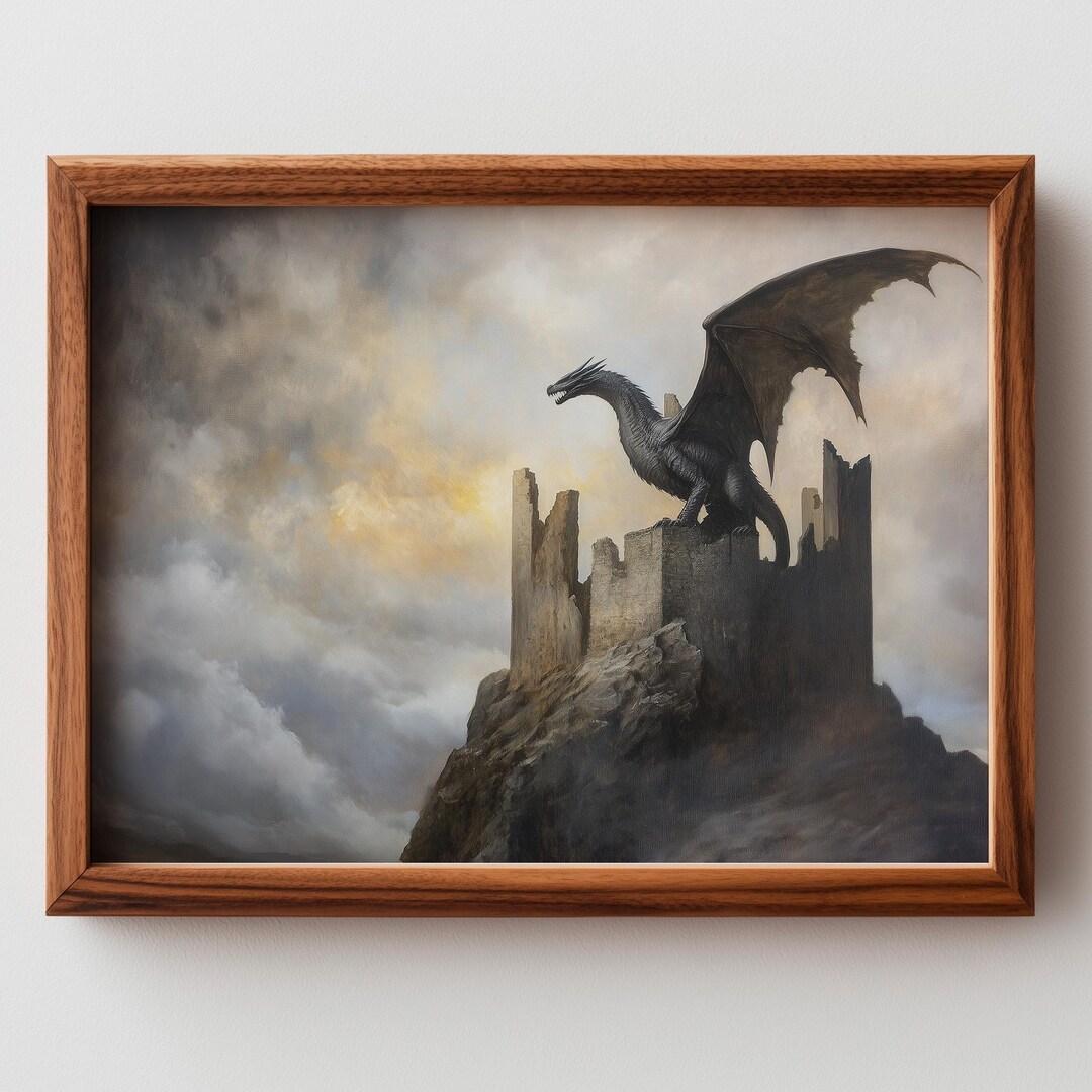 Moody Wyvern on Ruined Castle - Dark Fantasy Wall Art, Dramatic ...
