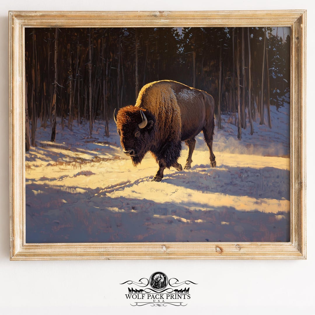 Rustic American Bison in Snowy Landscape - Moody Western Wall Art ...